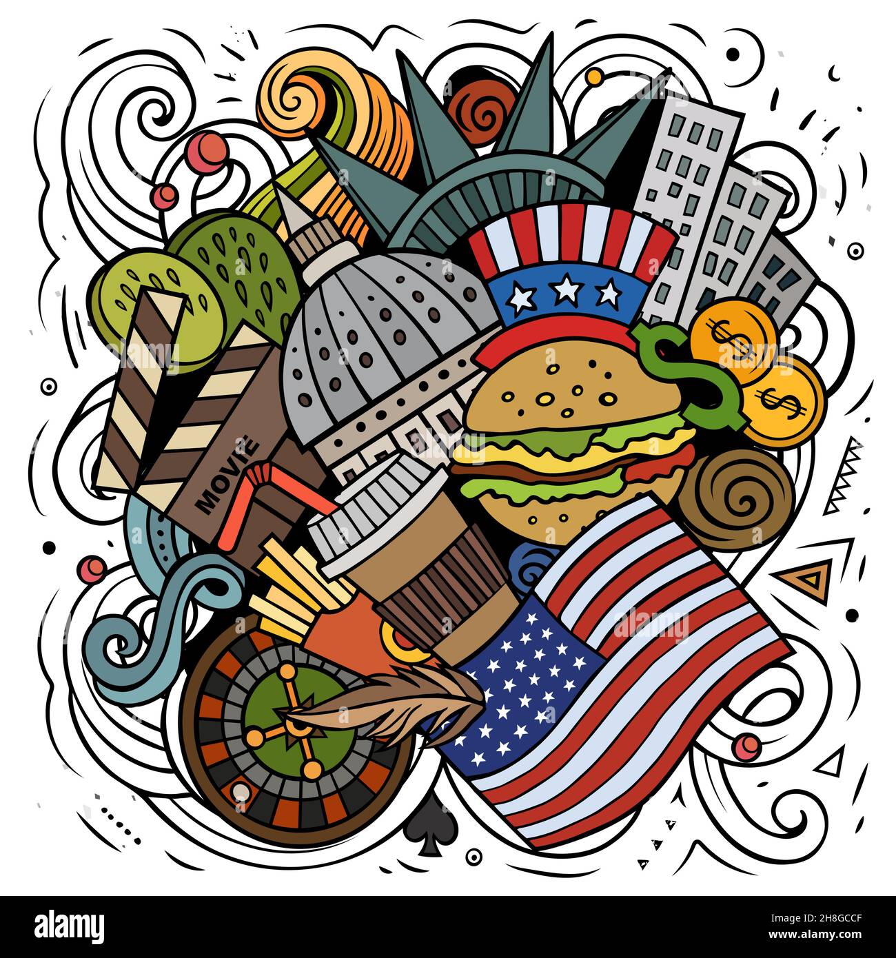 USA cartoon vector doodle illustration. Colorful detailed composition ...