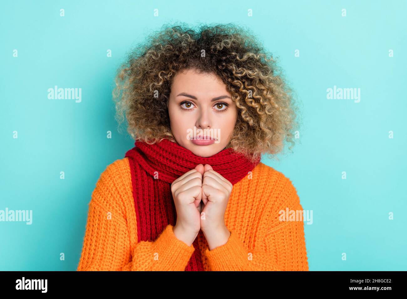 Photo of girlish adorable sick lady freezing wear scarf knitted sweater ...