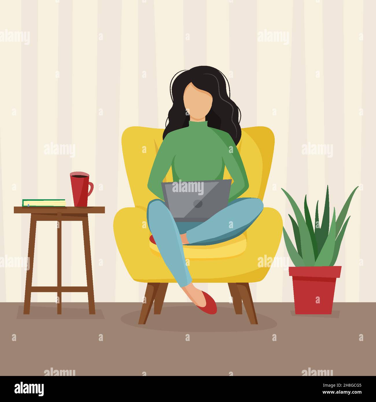 girl with laptop sitting on the chair. Freelance or studying concept ...
