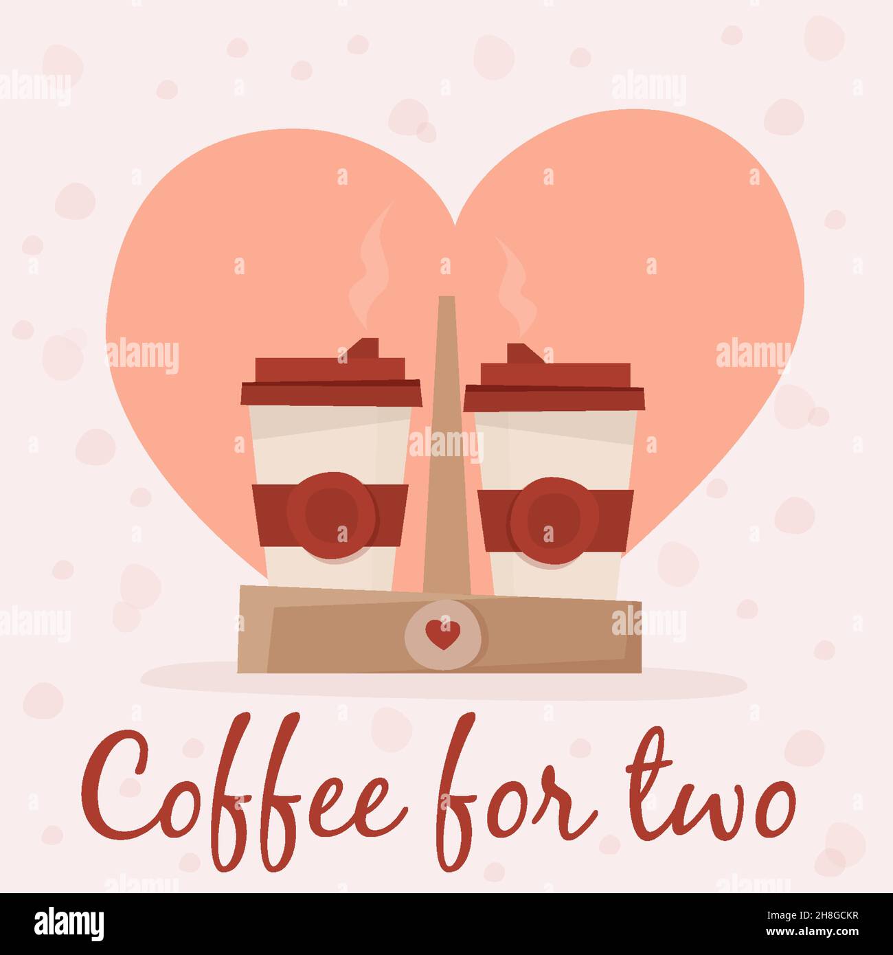 Two cups of coffee in the holder on the background of the heart. Flat ...