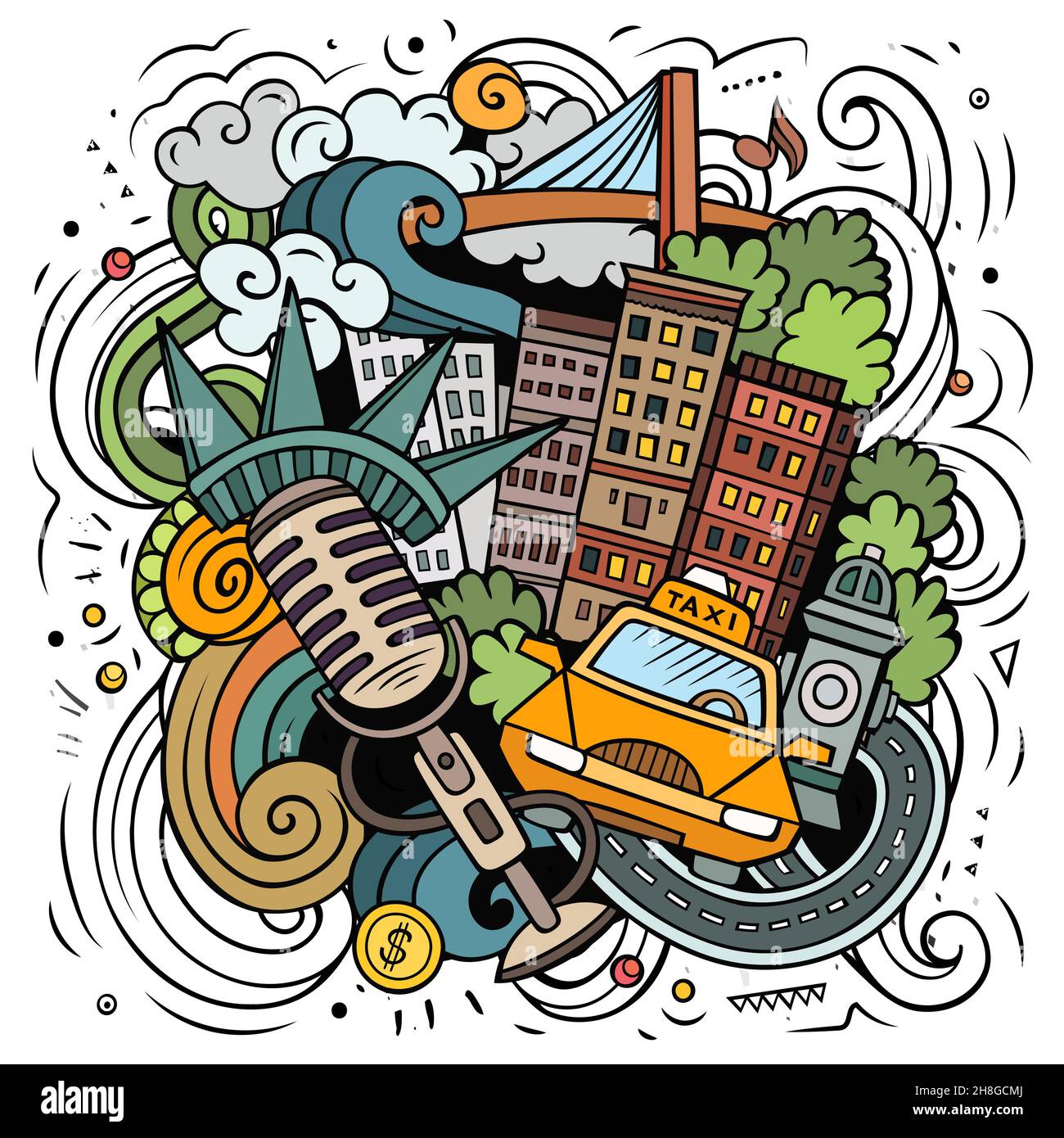 Cartoon Symbols Set Of New York Symbols And Objects With Famous