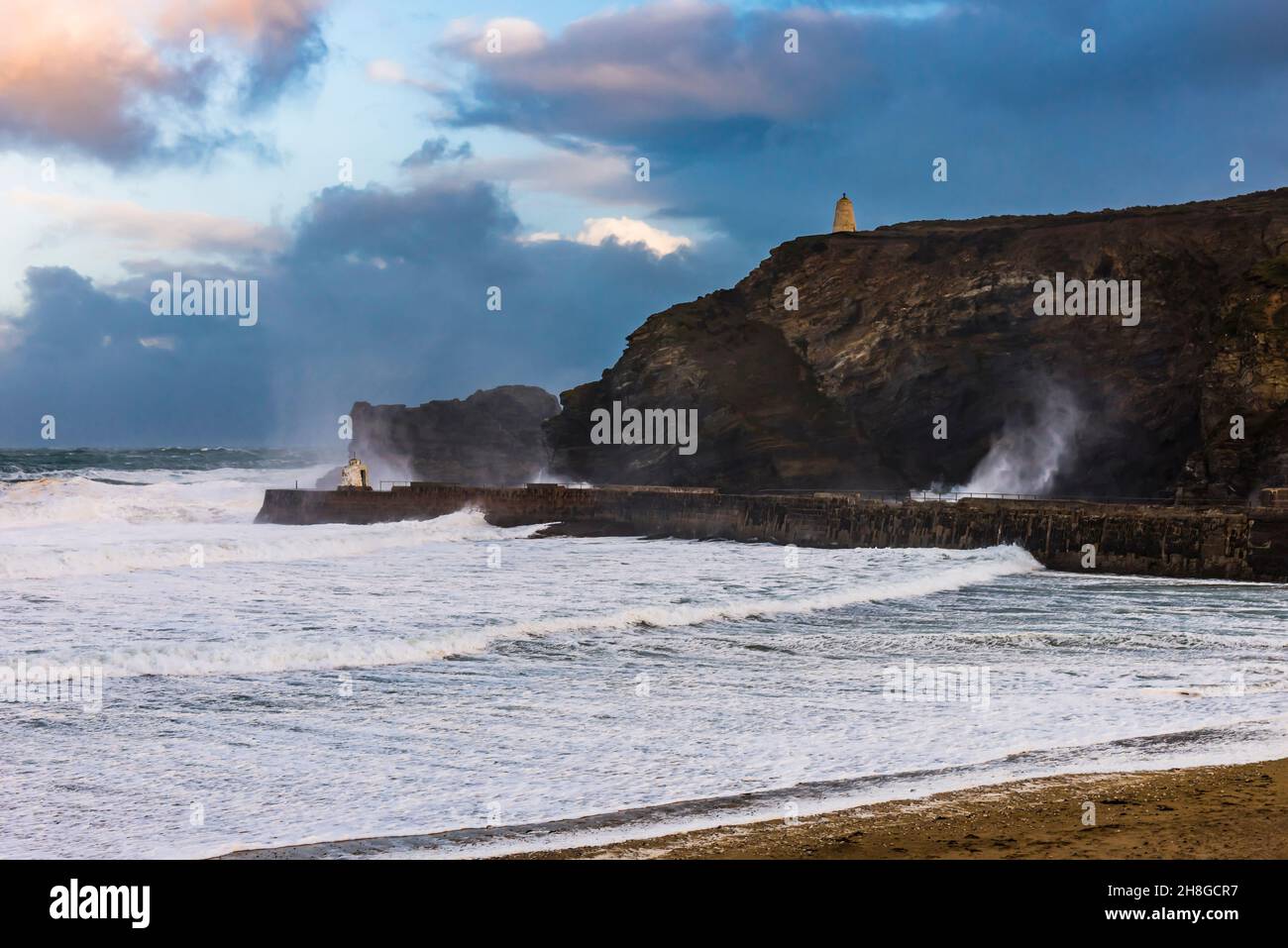 Surf against the harbour as Storm Arwen peaks at Portreath Beach, near ...