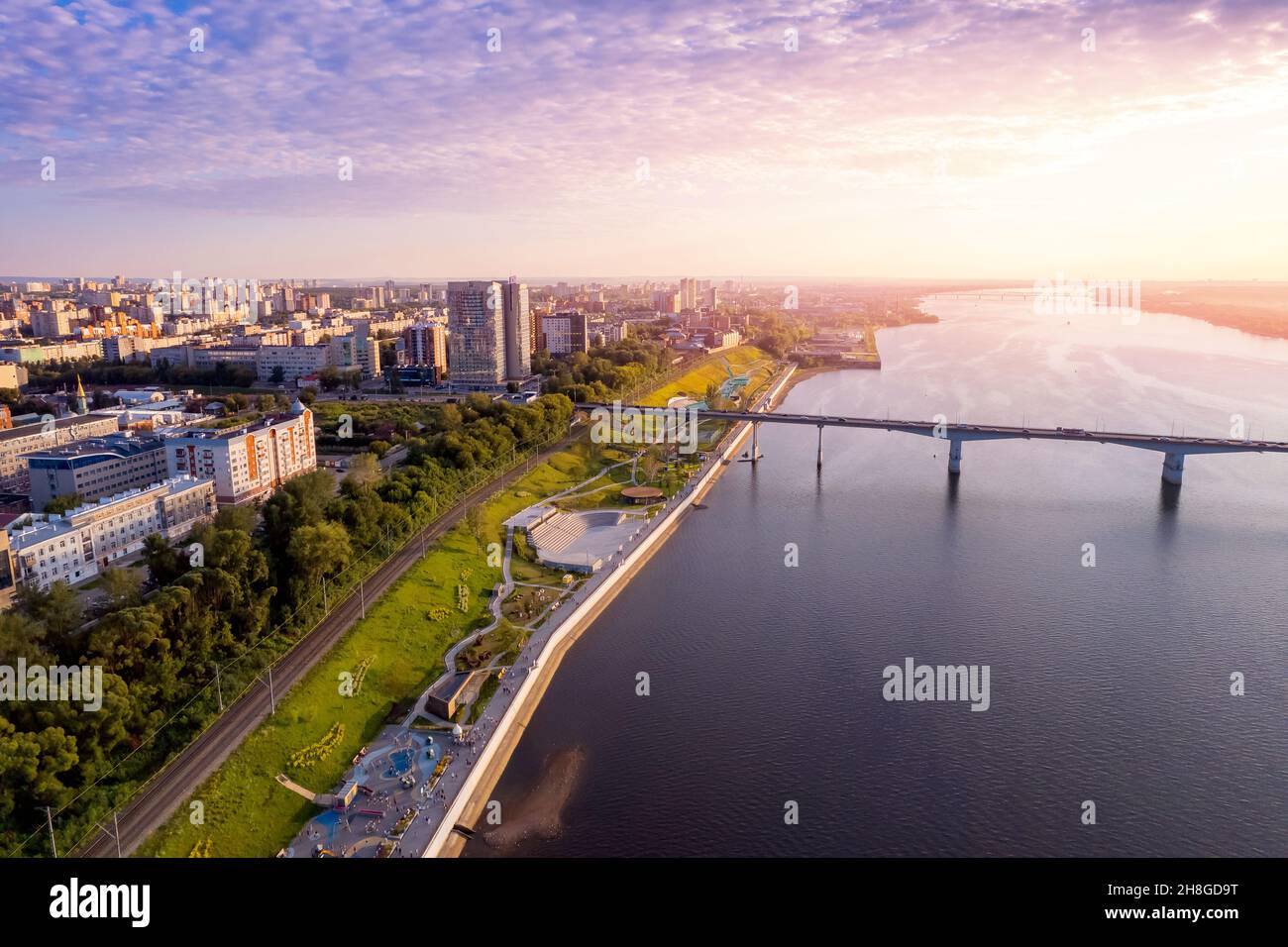 Aerial top view panorama city Perm and central embankment of Kama river ...