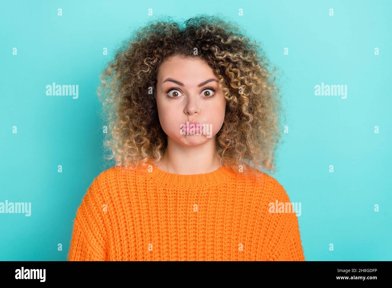 Photo of funky lady inflate cheeks hold breath underwater wear orange ...