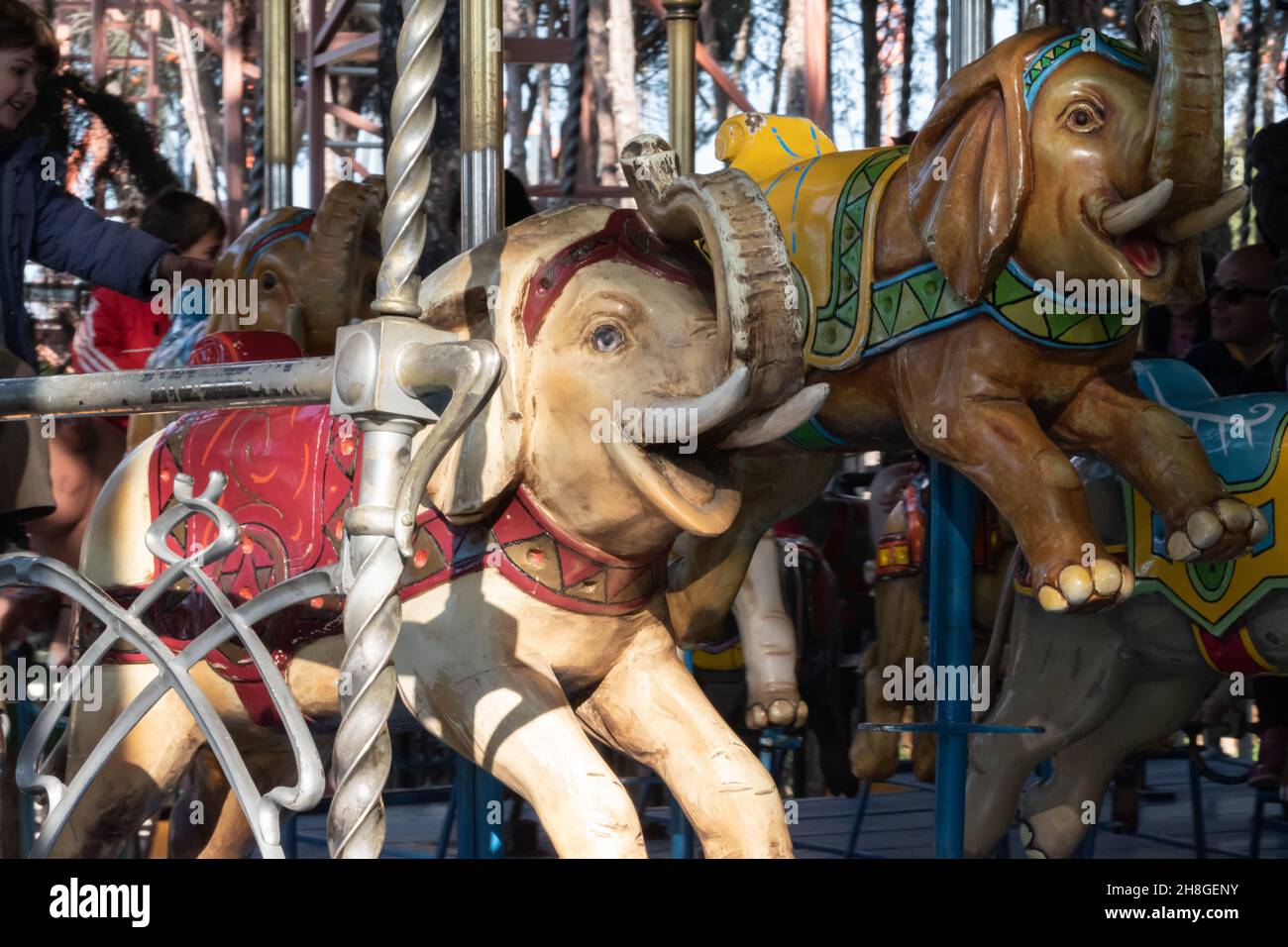 MADRID, SPAIN - Nov 20, 2021: Close-up of an elephant on a carousel at ...