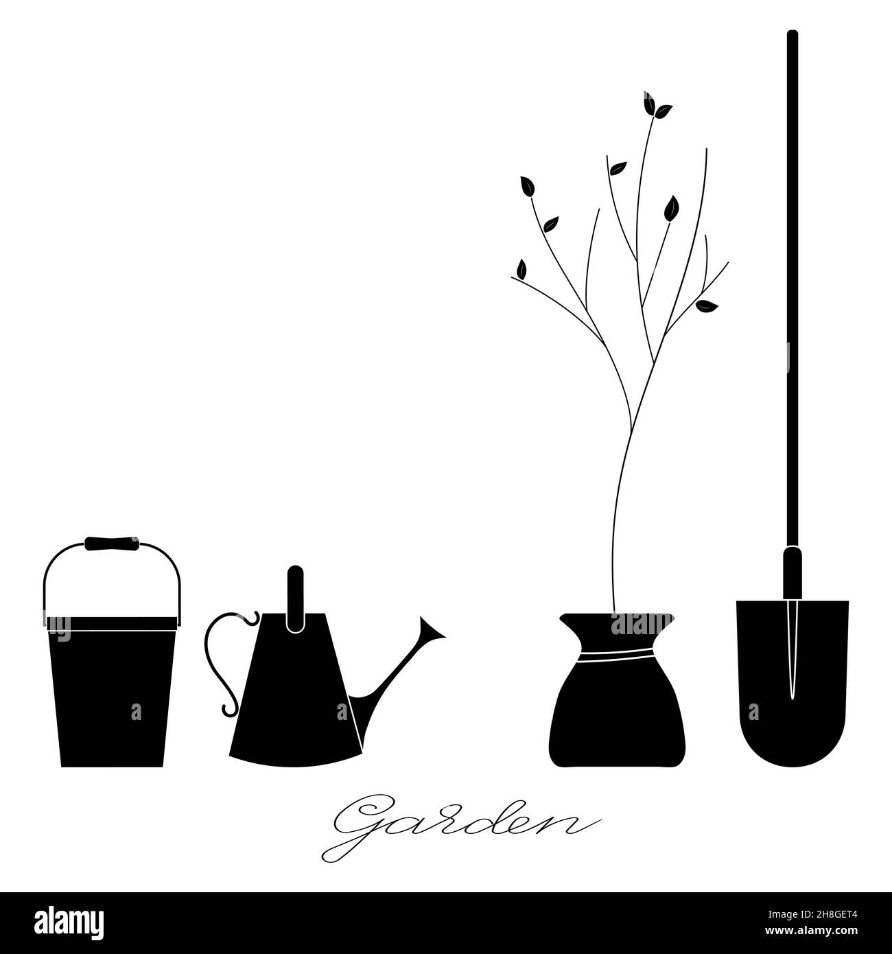 Gardening tools set of bucket, watering can, spade and tree negative ...