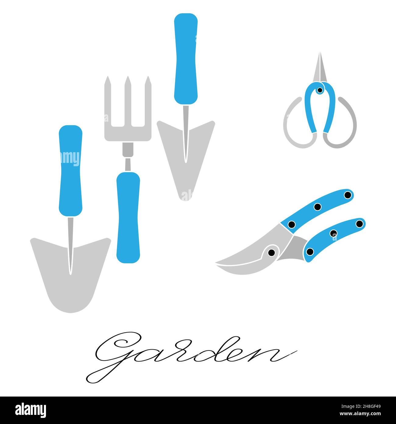 Gardening tools set of trowels, hand fork, scissors and pruners in blue ...