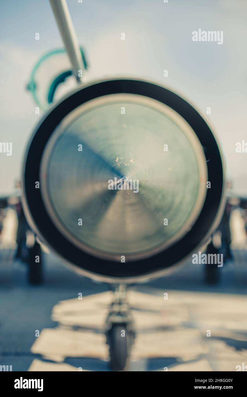 Front view of military plane on the runway Stock Photo - Alamy