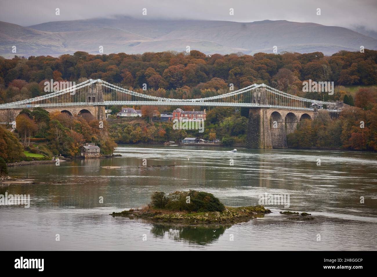 Menai Suspension Bridge, built in 1826 by Thomas Telford, Bangor, north ...