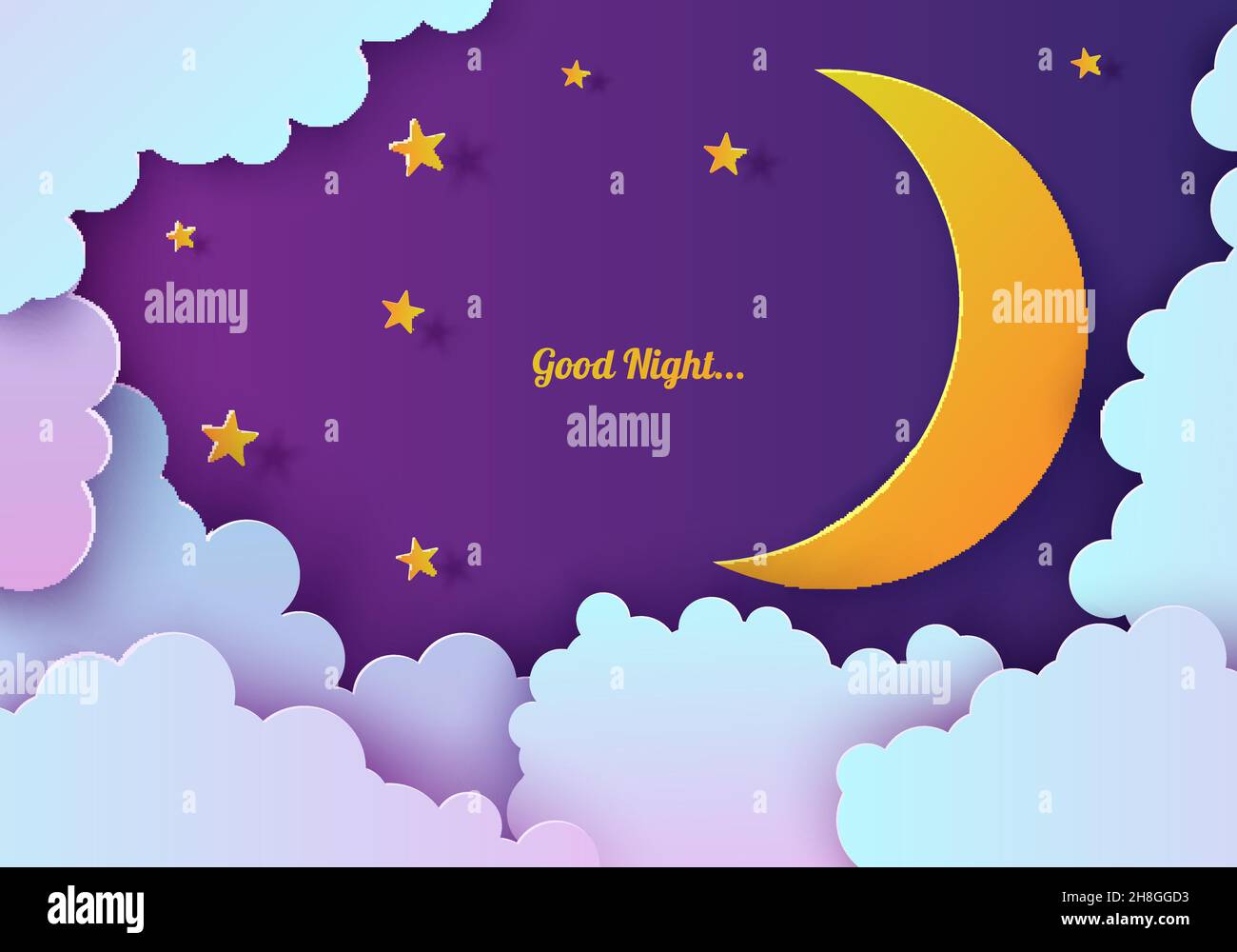 Night sky in paper cut style. Cut out 3d background with violet and ...