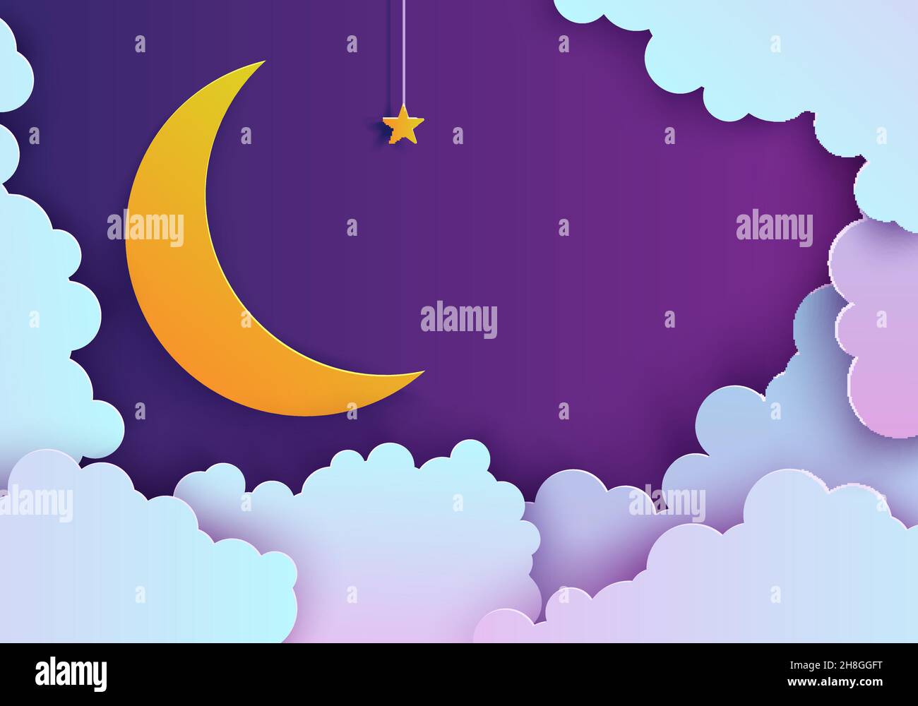 Night sky in paper cut style. Cut out 3d background with violet and ...