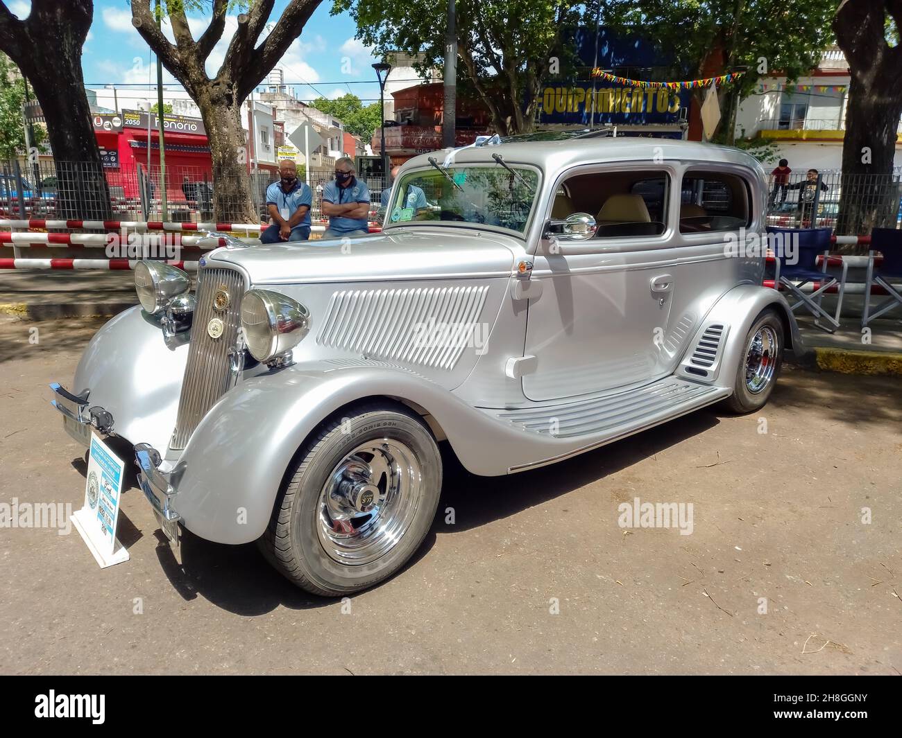 BUENOS AIRES, ARGENTINA - Nov 08, 2021: Vintage silver Ford sedan Tudor ...