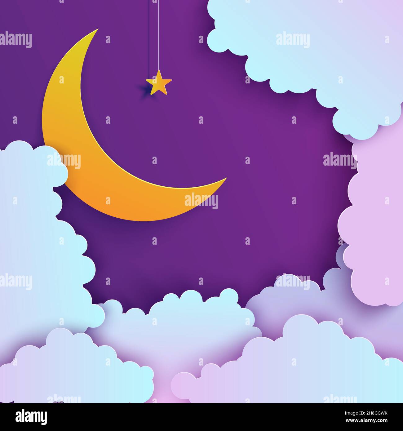 Night sky in paper cut style. Cut out 3d background with violet and ...