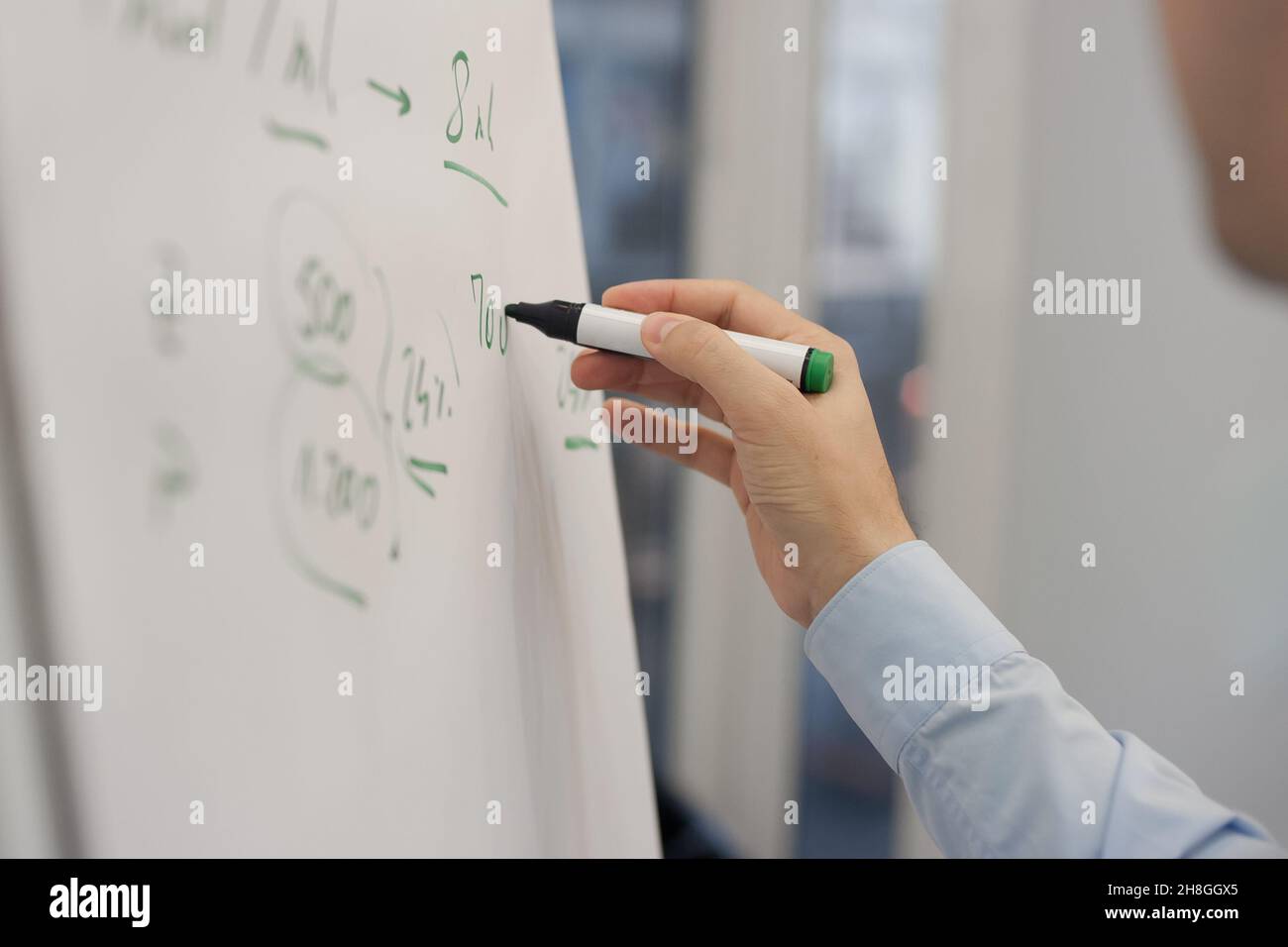 Business whiteboard. Hand with a marker writing on a business ...