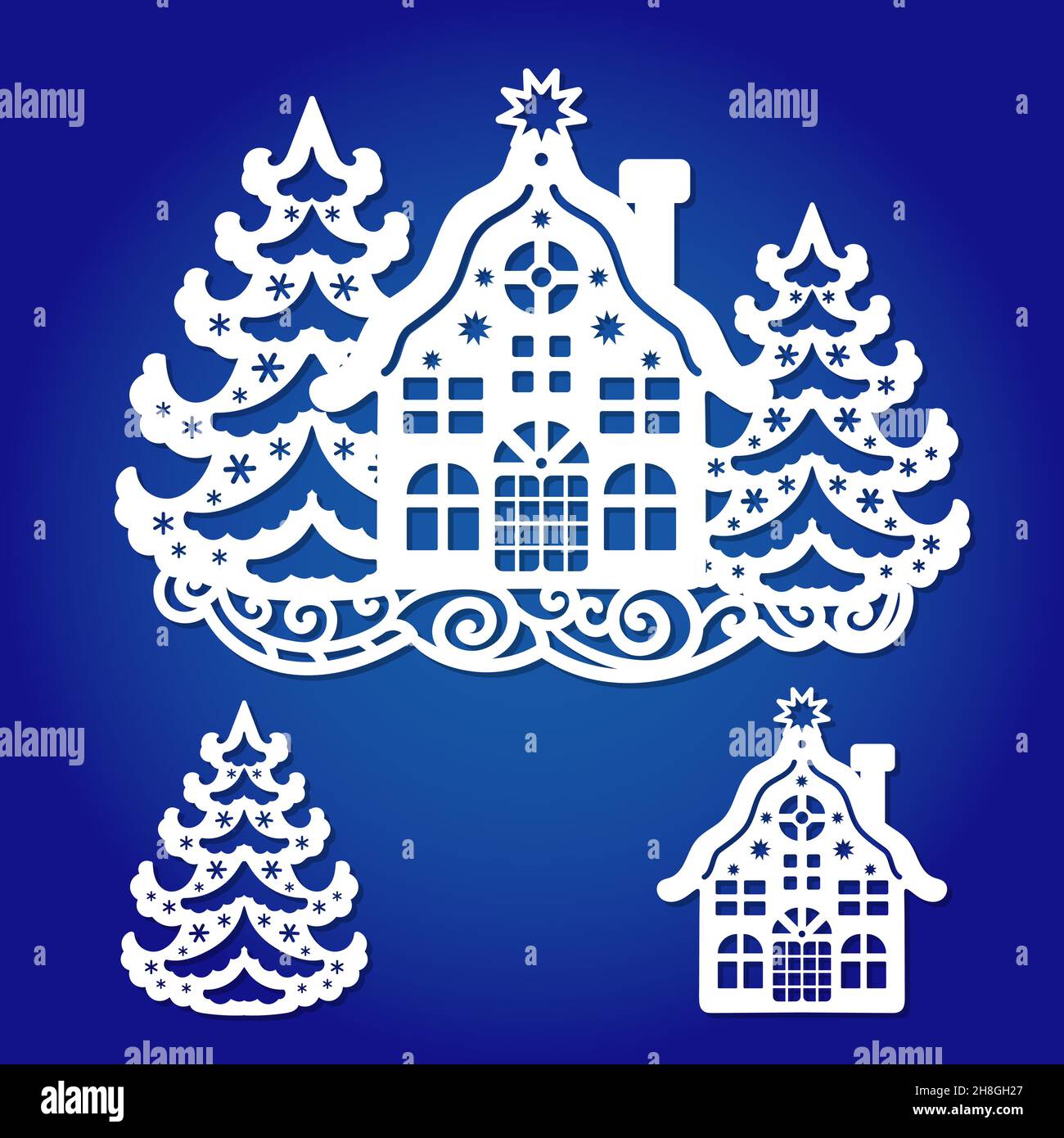 Laser cutting template. Winter house with fir trees. Vector Stock ...