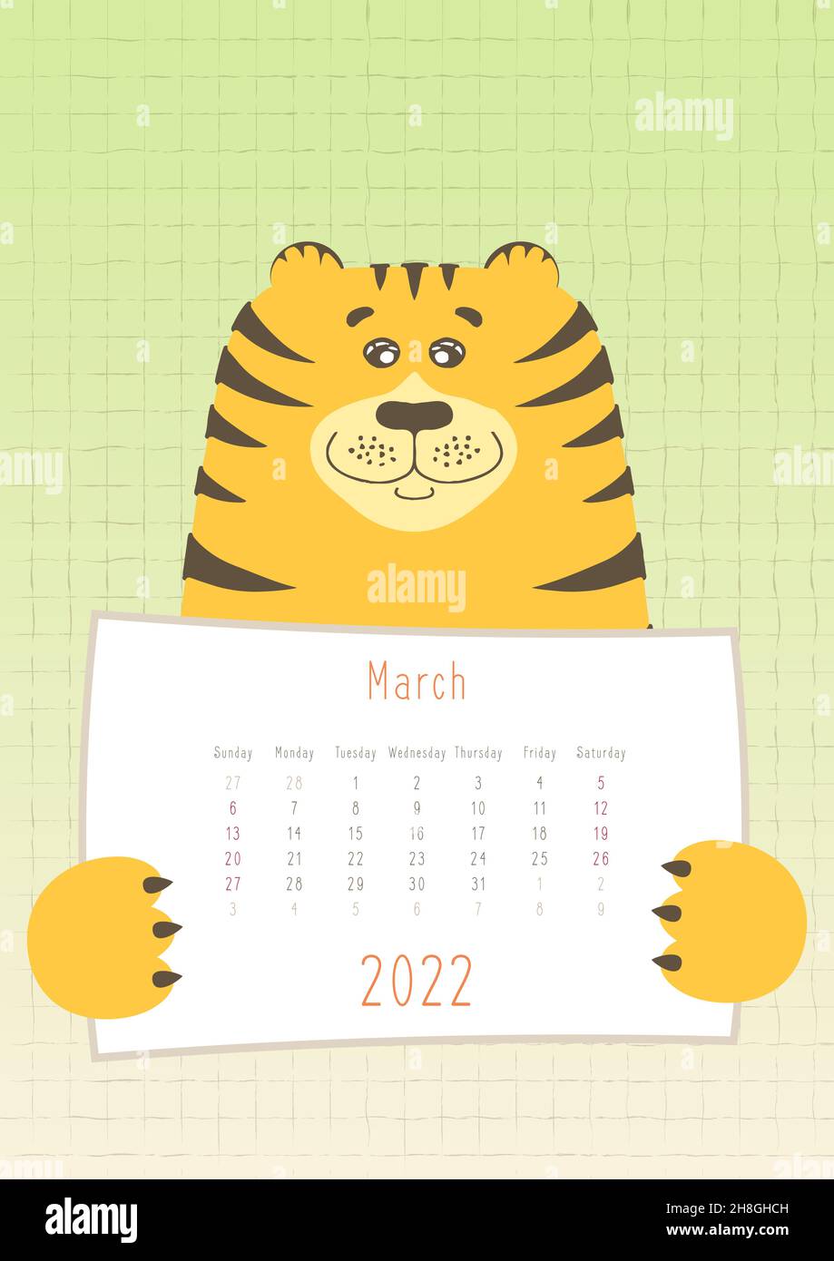 2022 march calendar, cute tiger animal holding a monthly calendar sheet ...