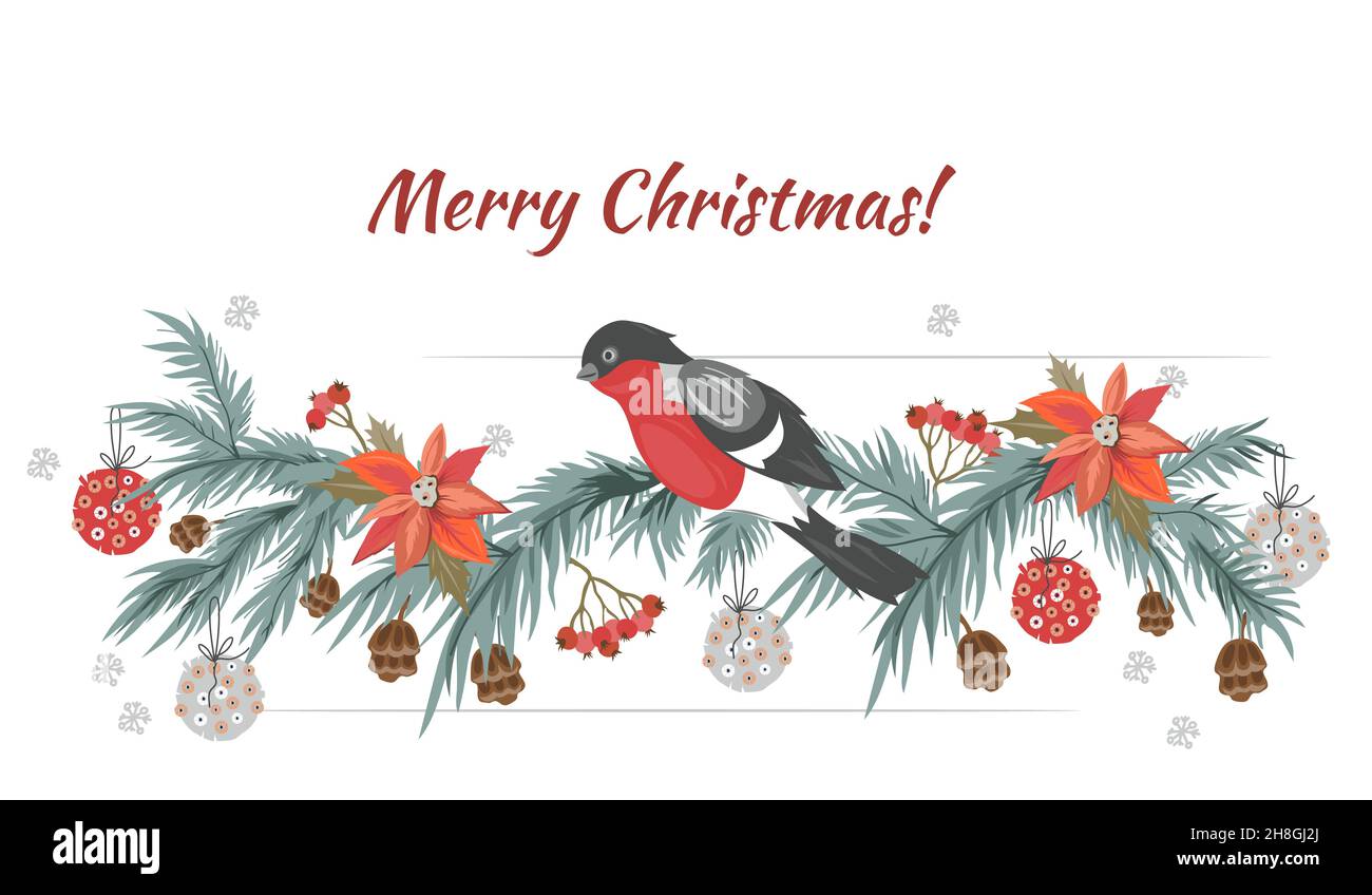 Christmas greeting card or banner template with and bullfinch, flat ...