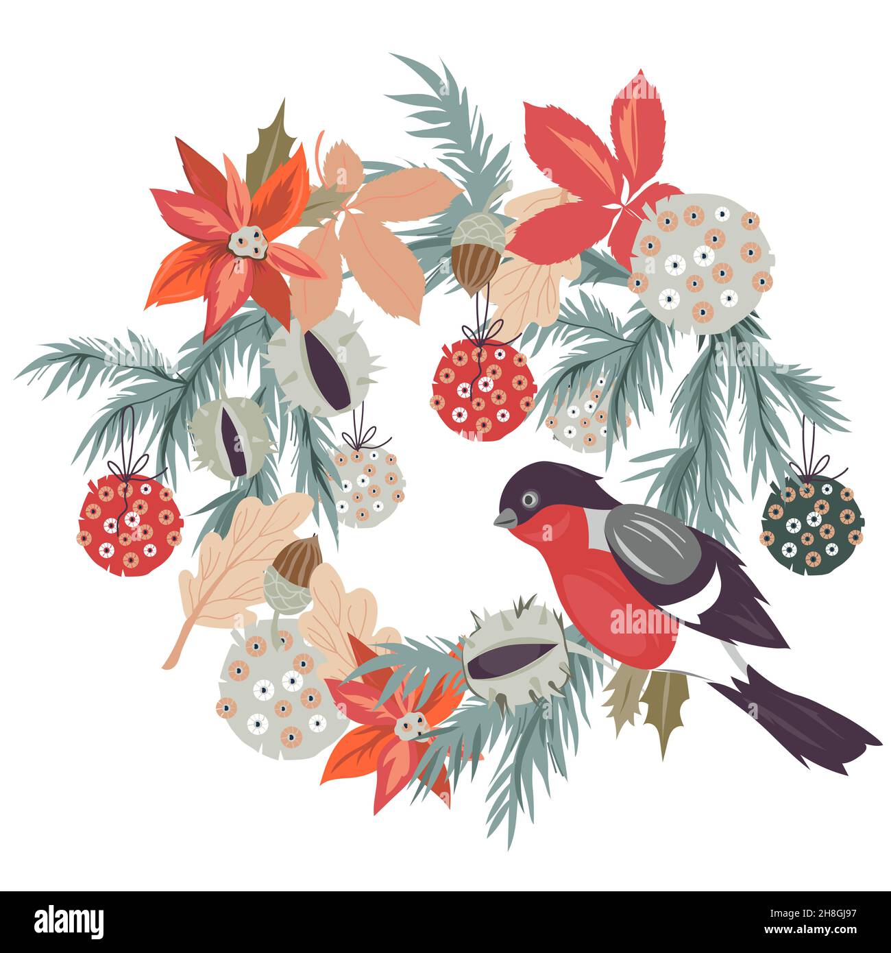 Christmas wreath decorative element with spruce and bullfinch, flat ...