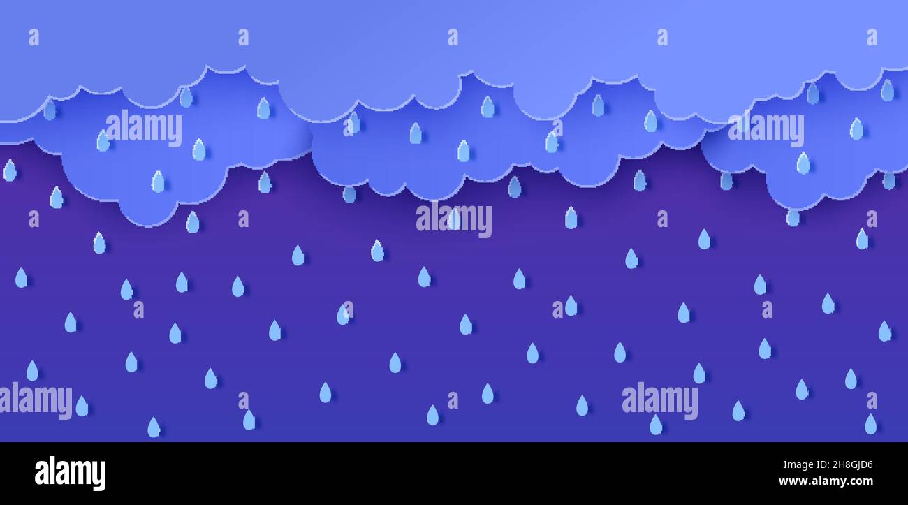 Rain and clouds in paper cut style. Vector storm weather concept with ...