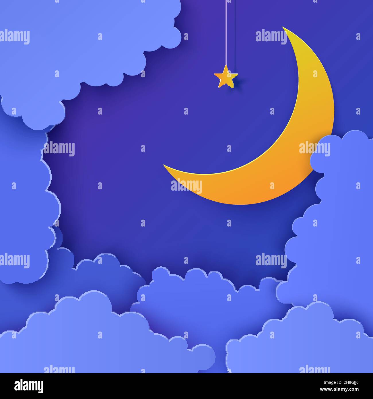 Night sky in paper cut style. 3d background with blue cloudy landscape ...