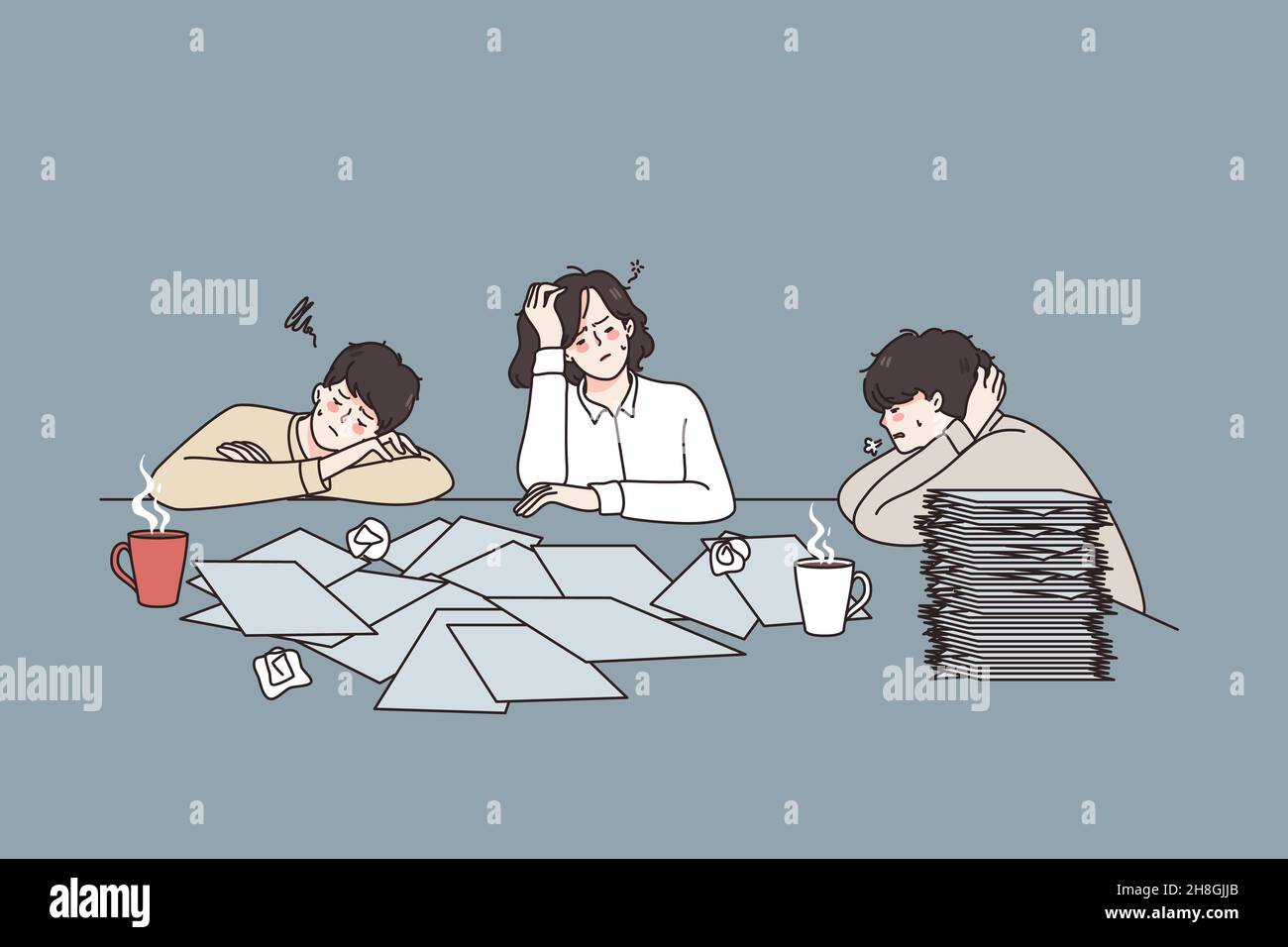 Feeling sleepy and tired concept. Group of young workers colleagues ...