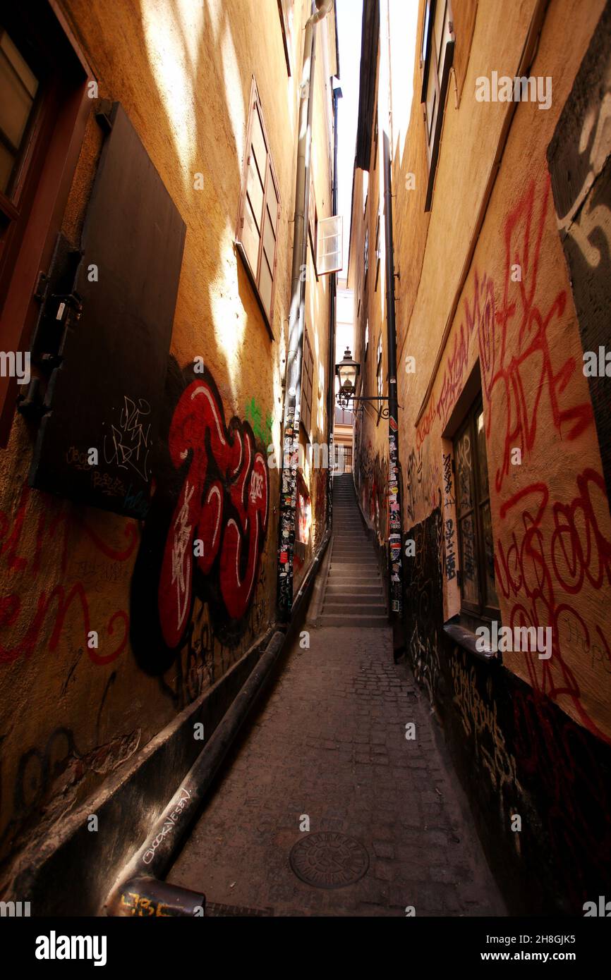 STOCKHOLM, SWEDEN - Jun 11, 2018: the narrowest street at the city of ...