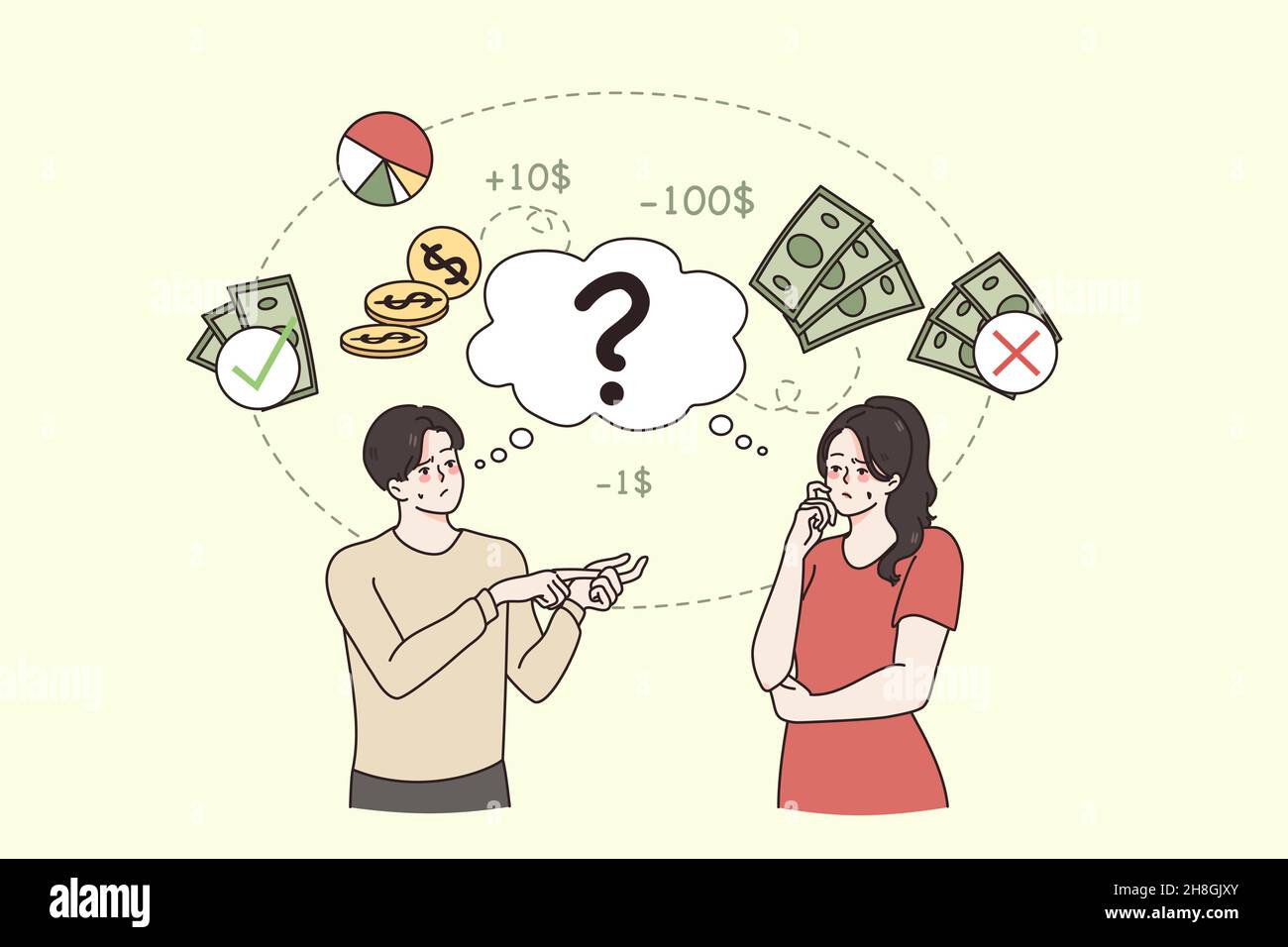 Family budget and savings concept. Young sad disappointed man and woman ...