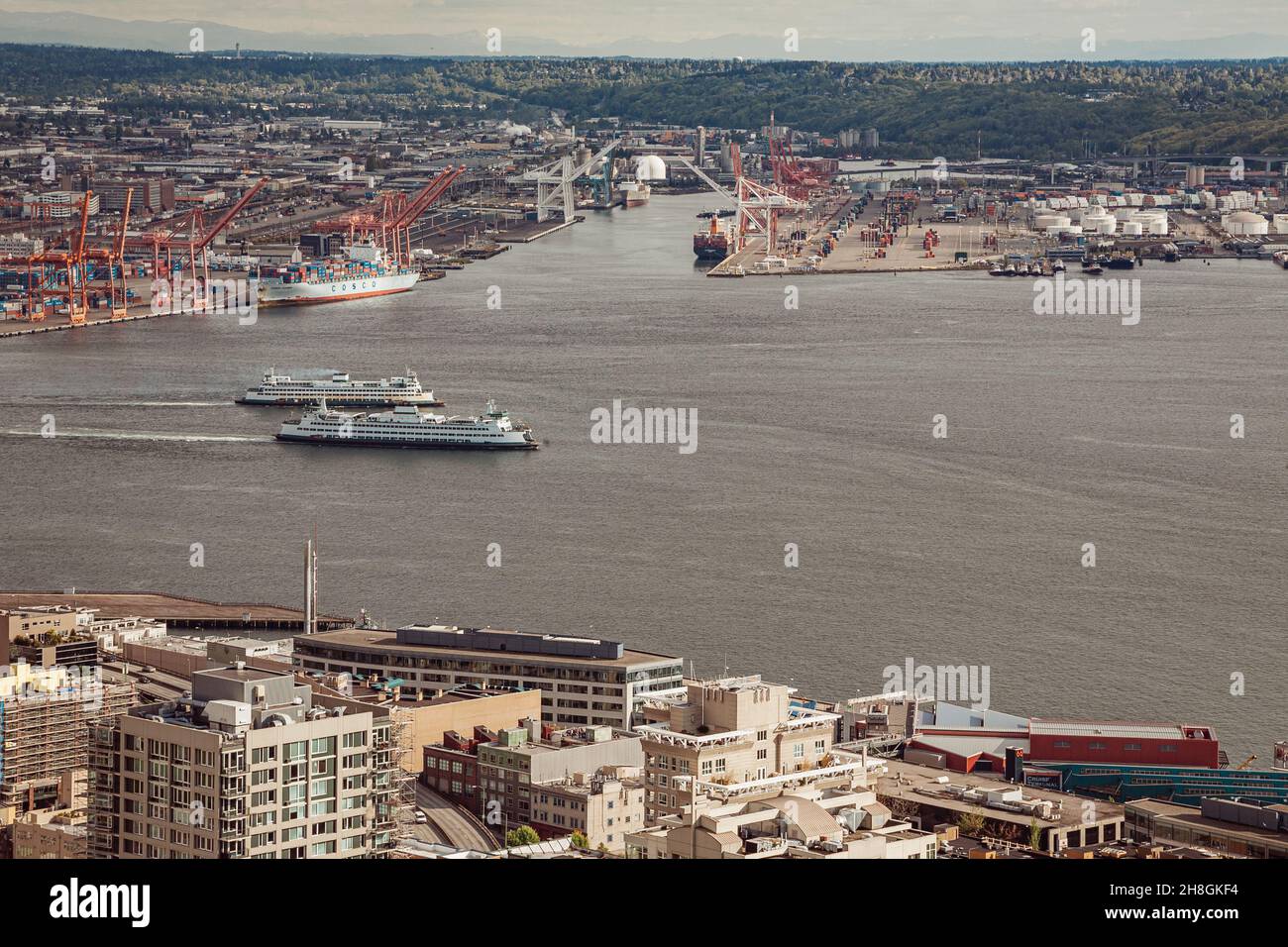 Two ferries in the port of Seattle with clouds and blue sky Stock Photo ...