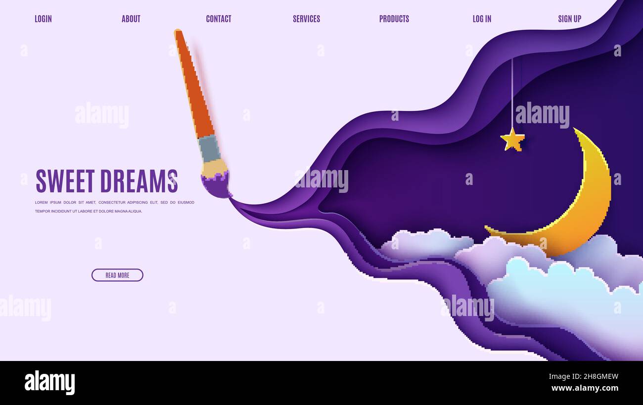 Night sky in paper cut style. Cut out 3d website template with violet ...