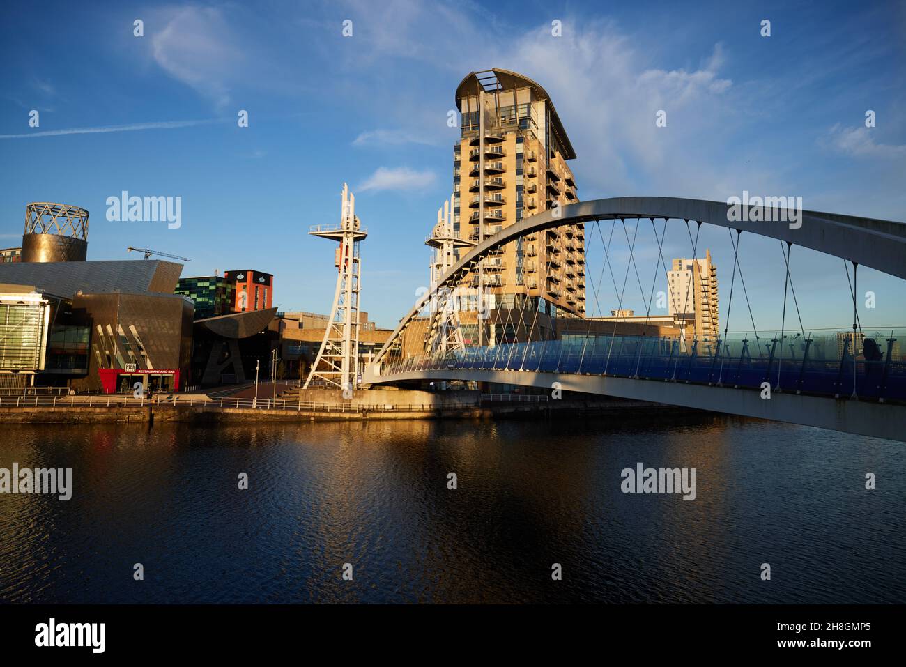 Salford Quays Manchester Ship Canal, Millennium Bridge and Sovereign ...