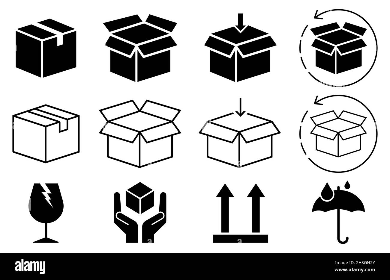 Box icon set in line style, delivery box, Package, export boxes, cargo box, return parcel, open ...