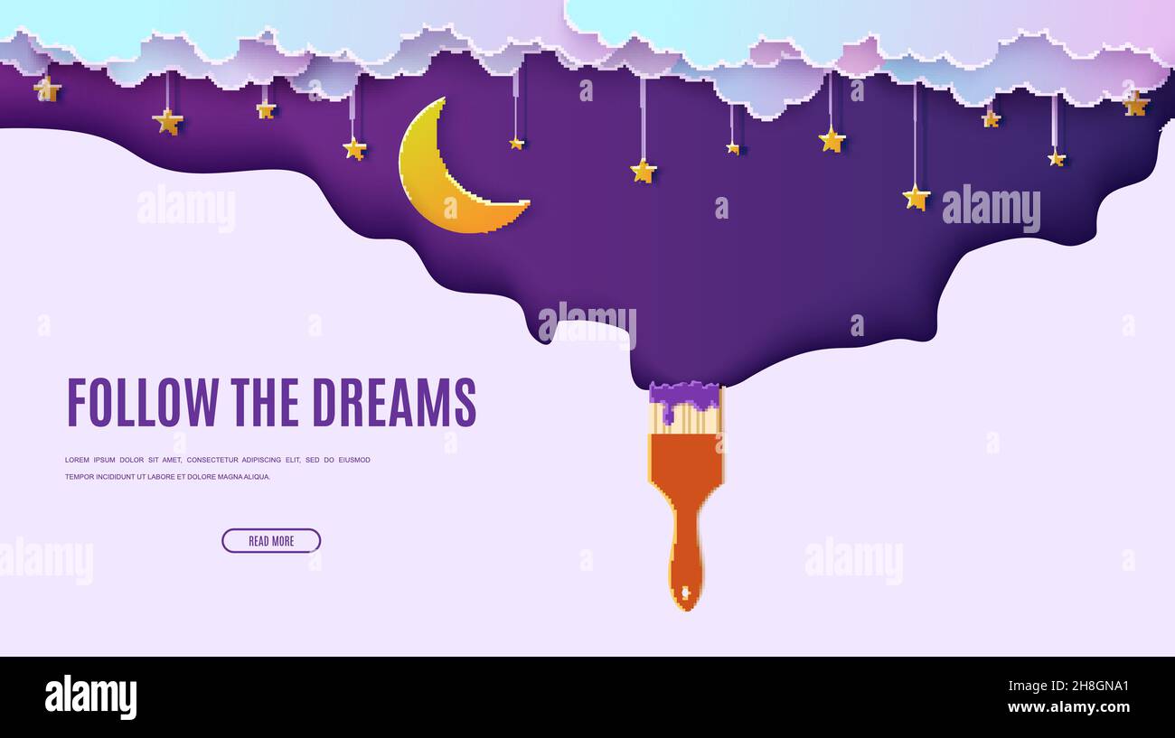 Night sky in paper cut style. Cut out 3d website template with violet ...