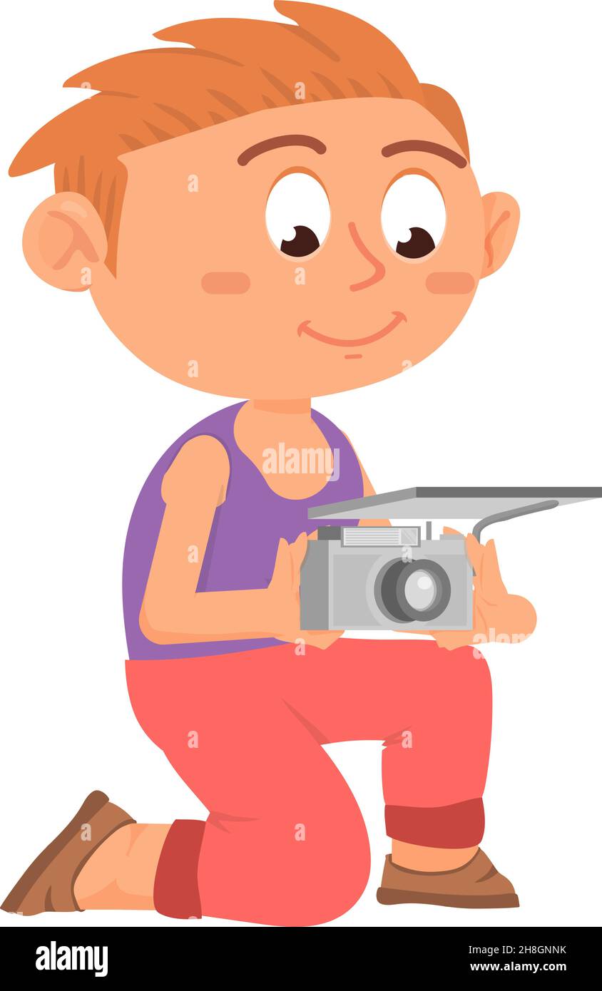 Kid take photo with camera. Cartoon cute boy photographer Stock Vector ...