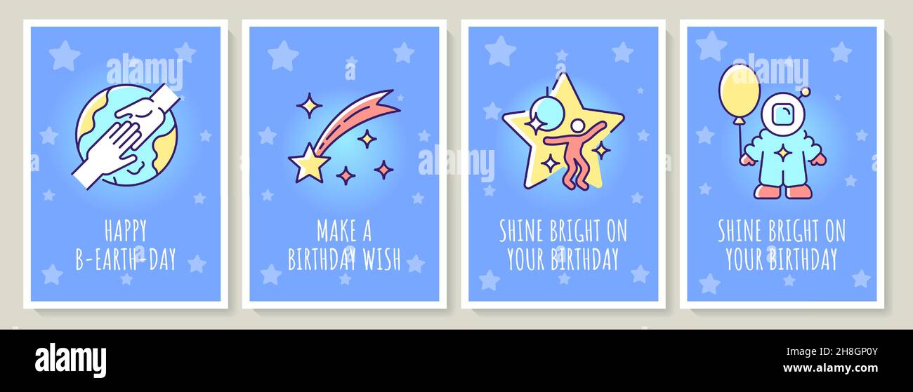Happy cosmic birthday greeting card with color icon element set Stock ...