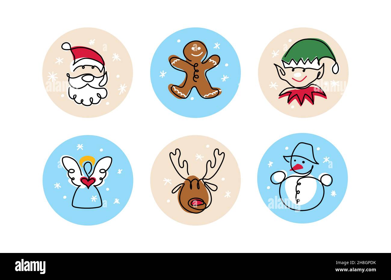 Christmas icons vector set of cartoon characters. Santa Claus, ginger ...
