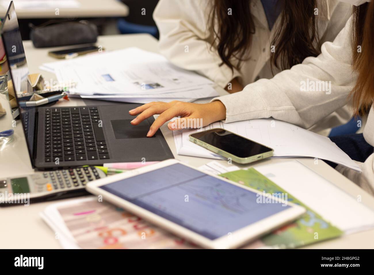 group young Asia lady student work on assignment, course work ...