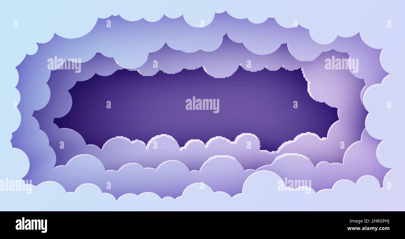 Night sky clouds rectangular frame in paper cut style. Cut out 3d ...