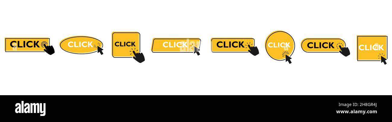 Set of colored buttons Click Here with hand or mouse cursor, isolated on white background. Click ...