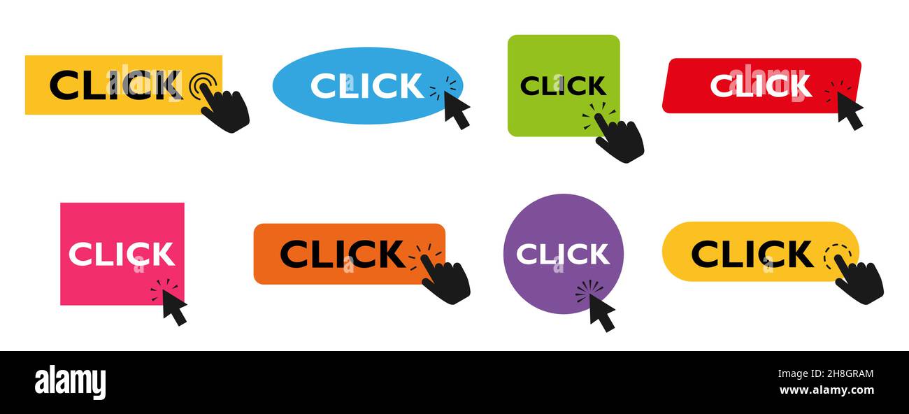 Set of colored buttons Click Here with hand or mouse cursor, isolated on white background. Click ...