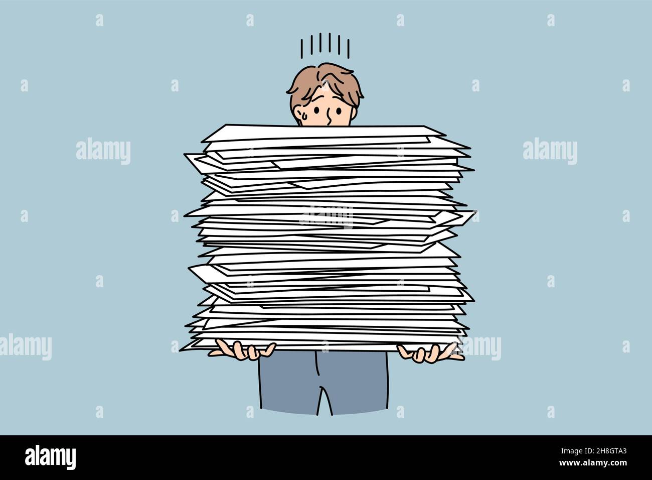 Stressed male employee with stack of paperwork overwhelmed with ...