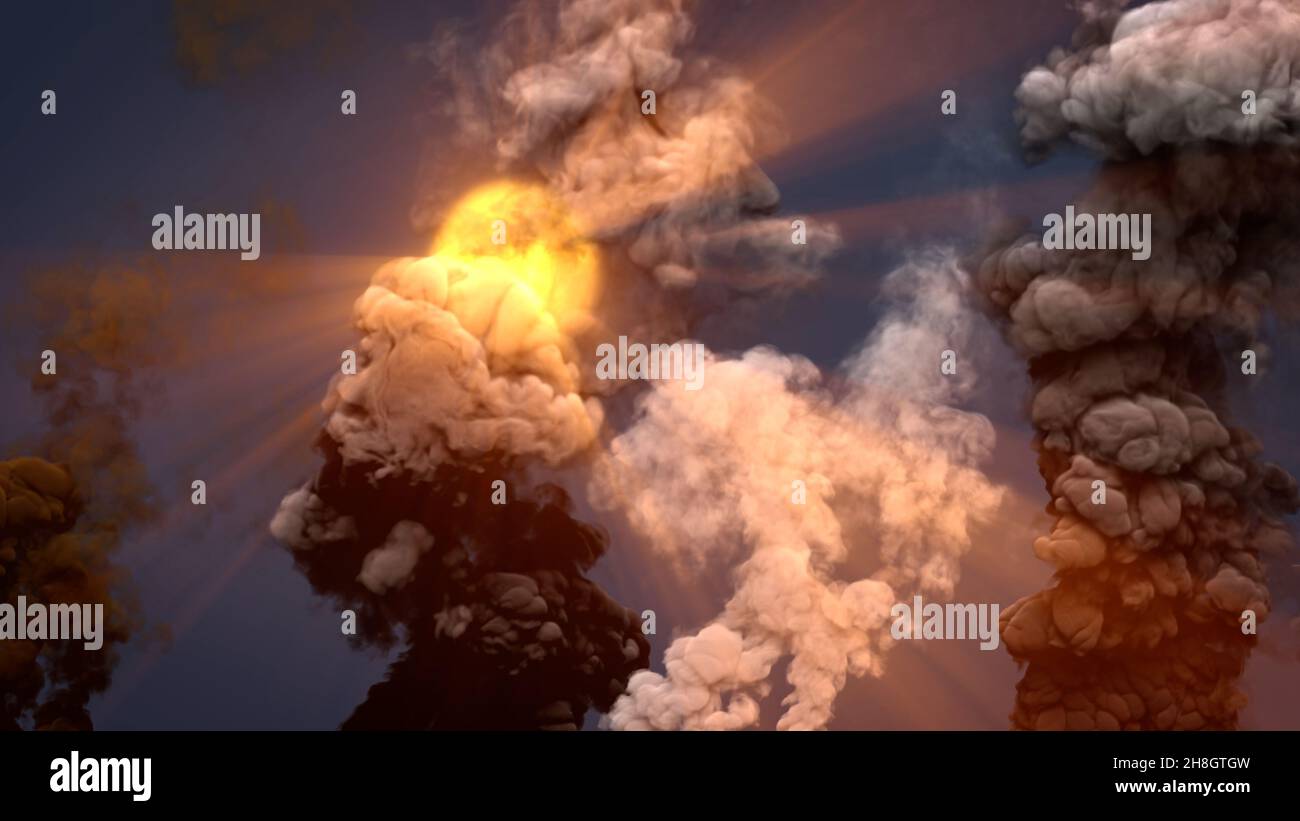 column of carbon dioxide smoke from wildfire on dirty sky with sun ...