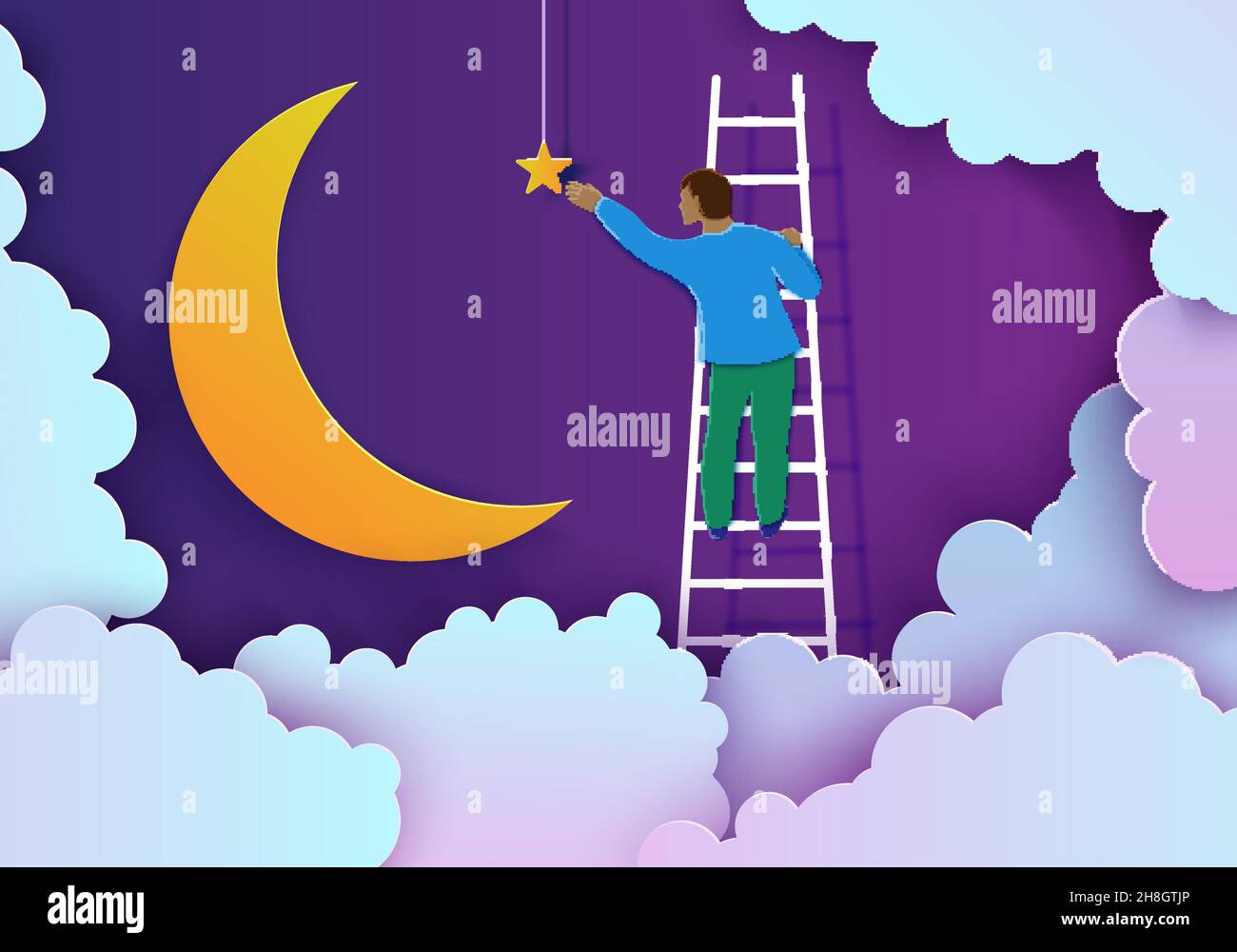 Man on a ladder to pick the star above cloud and moon in paper cut ...
