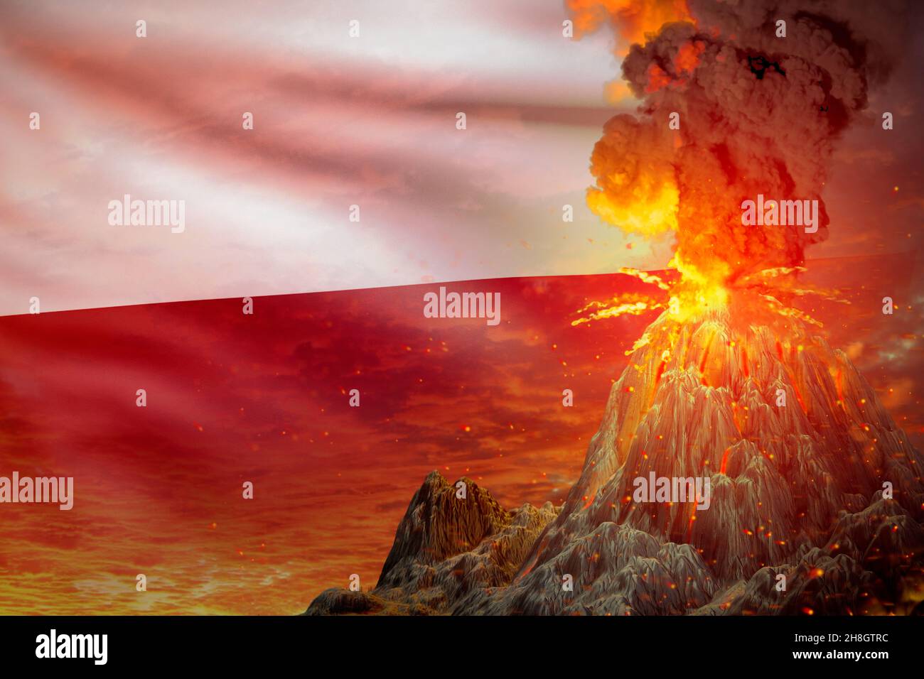 high volcano eruption at night with explosion on Poland flag background ...