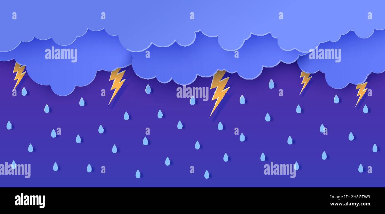 Rain thunder lightning and clouds in the paper cut style. Vector storm ...