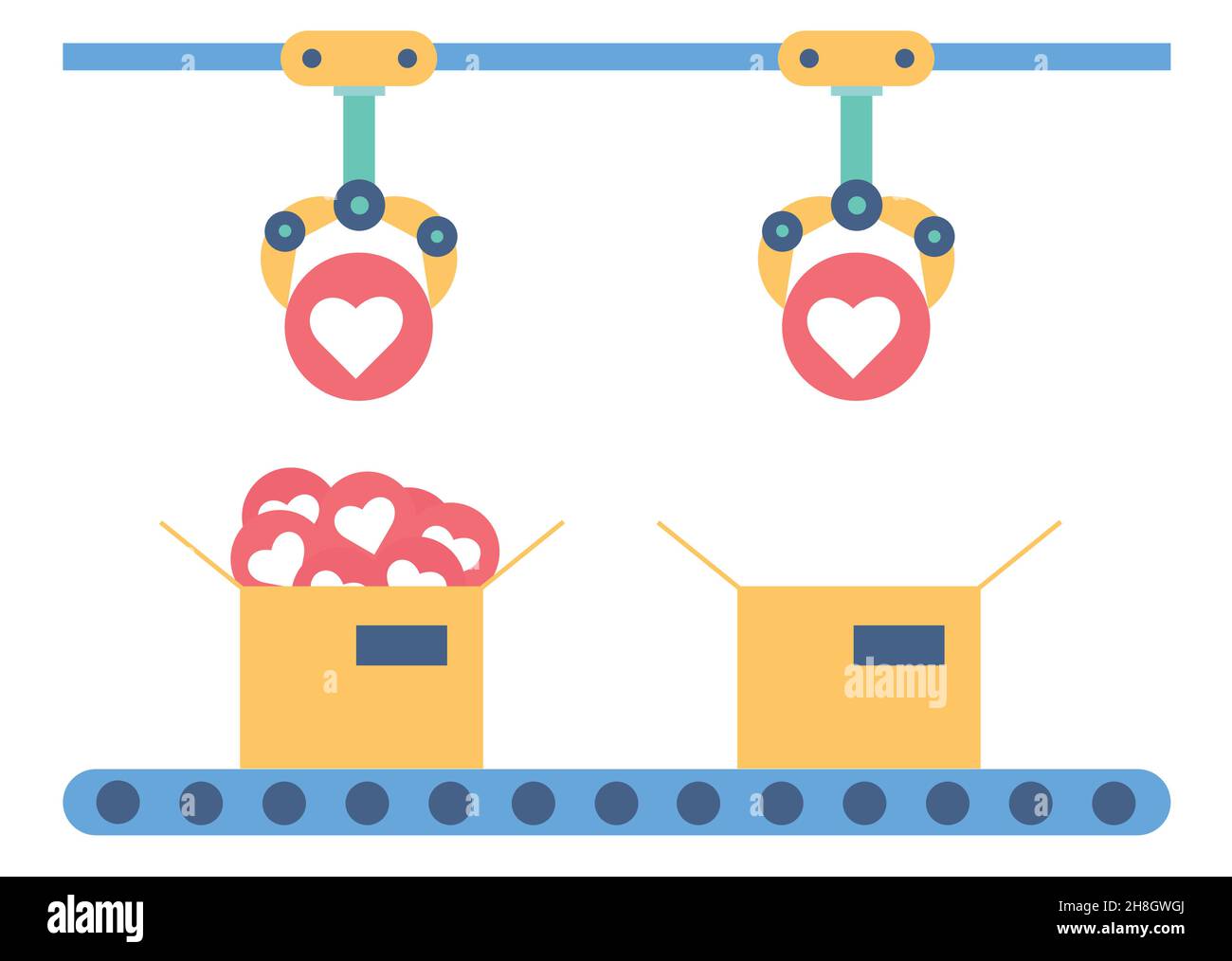 Automatic production line with robotic arms packing likes in boxes ...