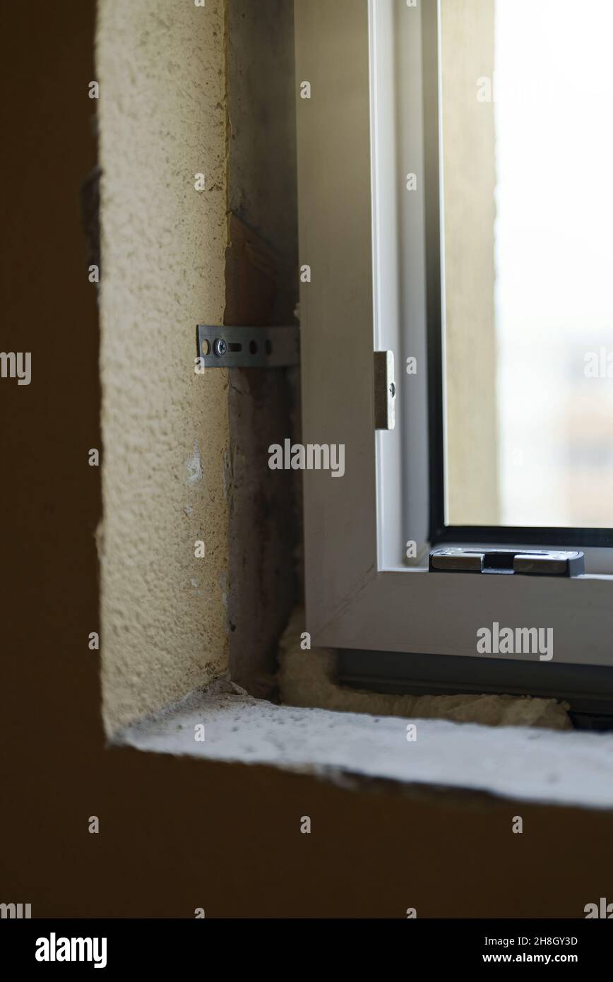 Replacement of old windows in section of apartment building Stock Photo ...