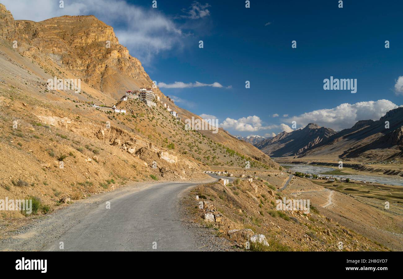 Ancient Key Monastery flanked by the high Himalayas and the Spiti river ...