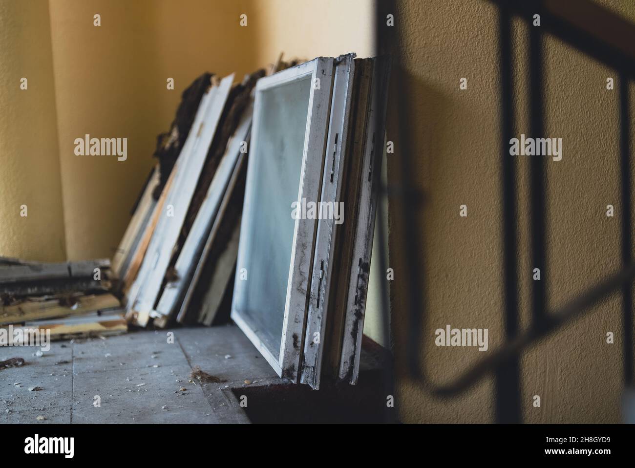Replacement of old windows in section of apartment building Stock Photo ...
