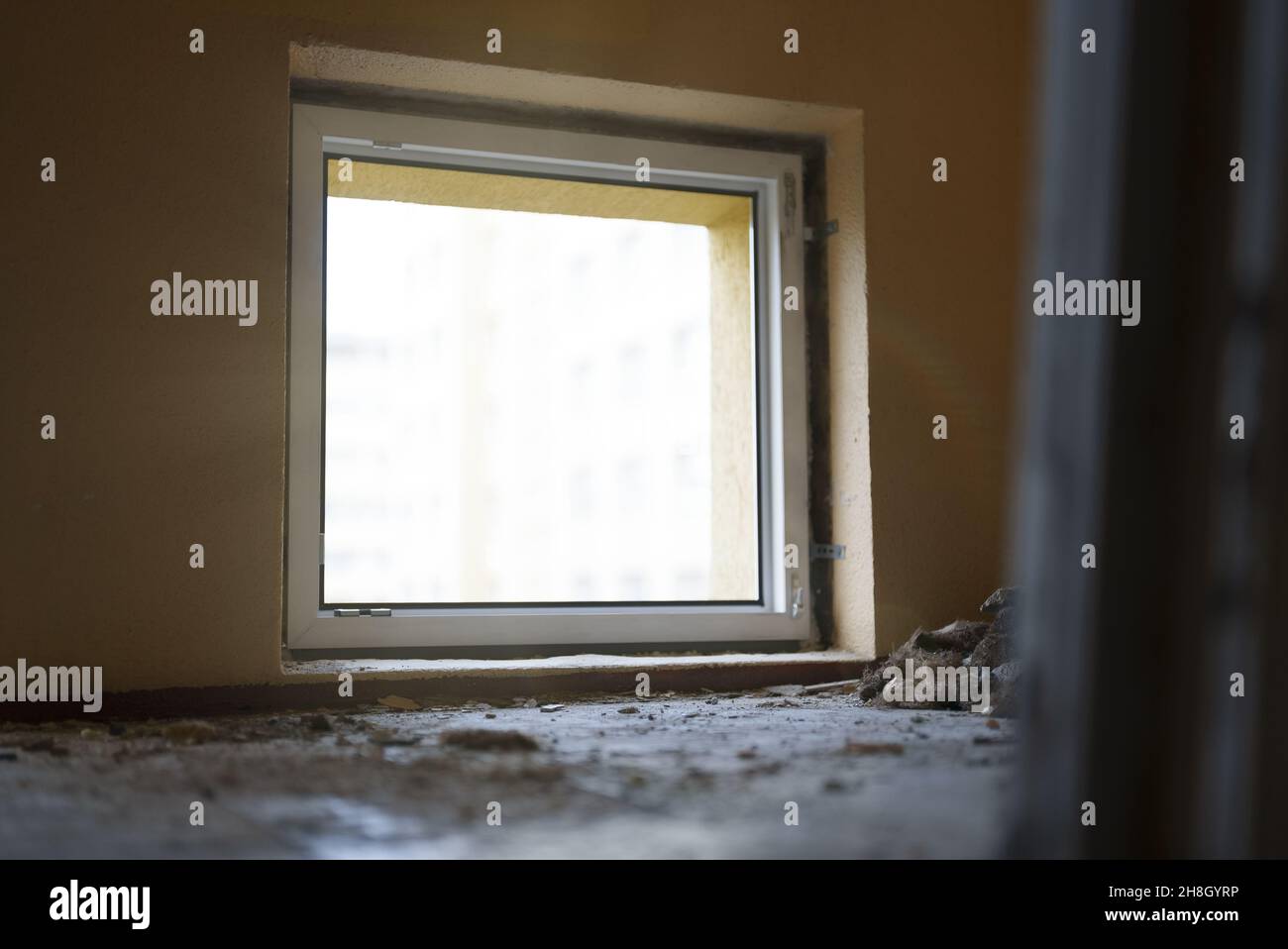 Replacement of old windows in section of apartment building Stock Photo ...