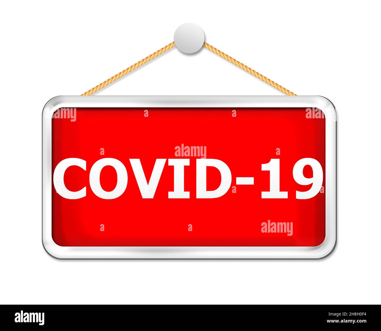 Red Covid 19 Sign graphic, white boader, With hanger Stock Photo - Alamy